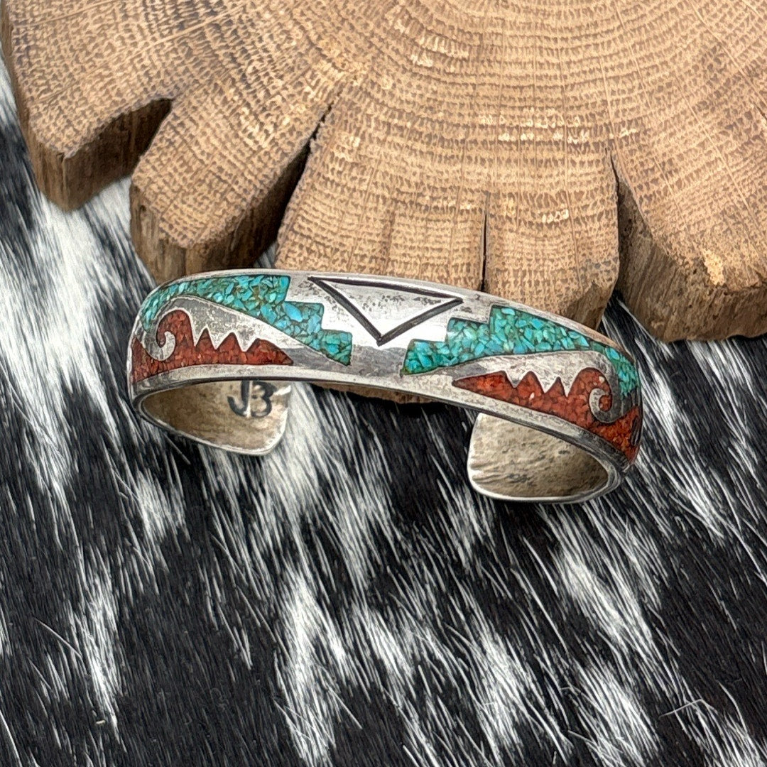 1970s Native American NAVAJO Sterling Turquoise Coral Chip Inlay Cuff ...