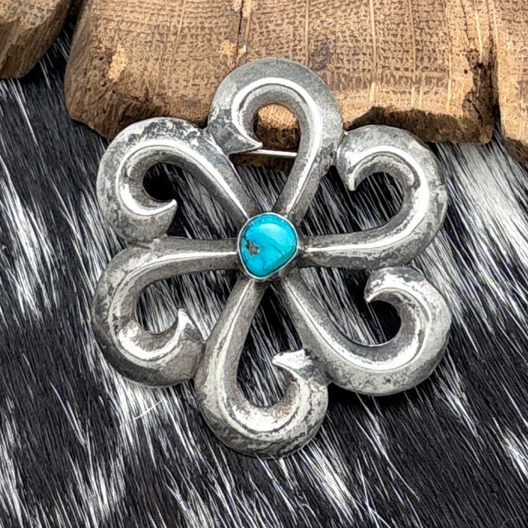 1960s Native American NAVAJO Sterling Silver Turquoise Flower Pin Scro ...