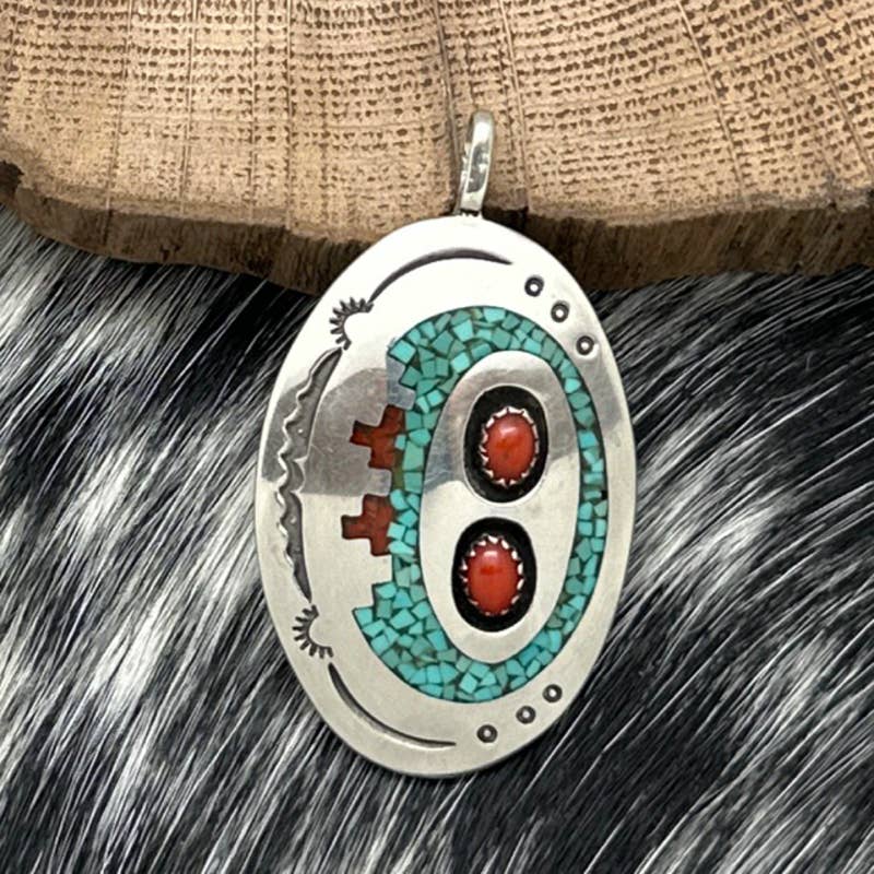 1970s Native American NAVAJO Sterling Turquoise Chip Inlay & Coral Ova ...